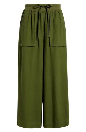 CITY BLUES Patch Pocket Drawstring Wide Leg Crop Pants - Pine