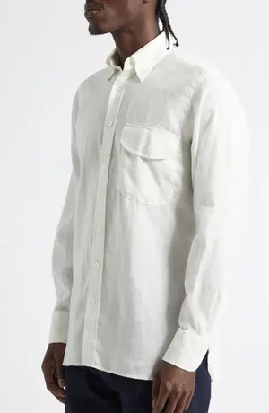 DRAKE'S Curved Flap Linen Button-down Shirt