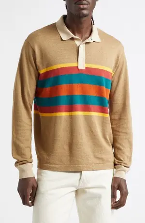 DRAKE'S Rugby Stripe Linen & Cotton Polo Sweater