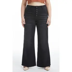 BAYEAS Mid Rise Wide Leg Jeans With Exposed Button Fly - Raven