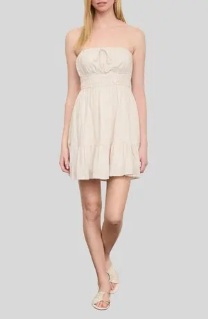 BLU PEPPER Strapless Striped Mini Dress With Ruffled Hem - Light Khaki