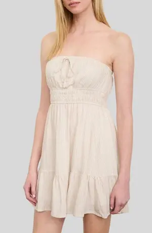BLU PEPPER Strapless Striped Mini Dress With Ruffled Hem - Light Khaki
