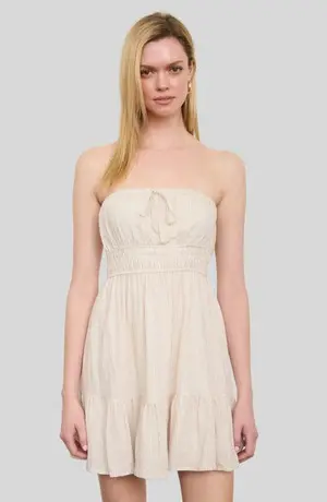 BLU PEPPER Strapless Striped Mini Dress With Ruffled Hem - Light Khaki