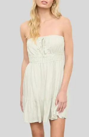 BLU PEPPER Strapless Striped Mini Dress With Ruffled Hem - Olive