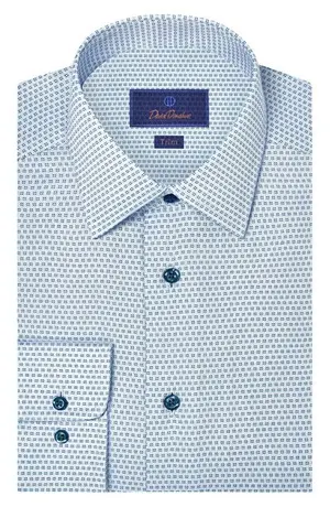 David Donahue Trim Fit Light Green Micropattern Cotton Dobby Dress Shirt - Sky/navy