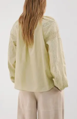 Mango Lace Inset Pintuck Balloon Sleeve Cotton Blend Top