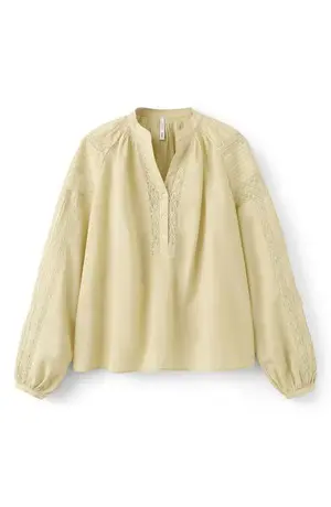 Mango Lace Inset Pintuck Balloon Sleeve Cotton Blend Top