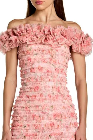 Mac Duggal Floral Off-the-shoulder Ruffle Midi Dress