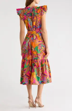 SUGARLIPS Milana Tropical Print Tiered Cotton Midi Dress