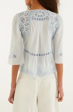 Farm Rio Richelieu Lace Panel Cotton Peplum Blouse