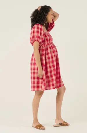 CACHE COEUR Melissa Smocked Checked Maternity & Nursing Dress