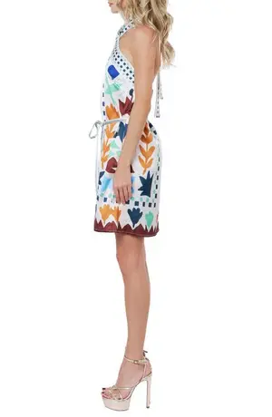 CIEBON Sleeveless Halterneck Tie Waist Dress With Geometric Print