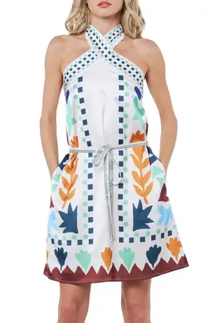 CIEBON Sleeveless Halterneck Tie Waist Dress With Geometric Print