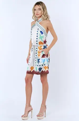 CIEBON Sleeveless Halterneck Tie Waist Dress With Geometric Print