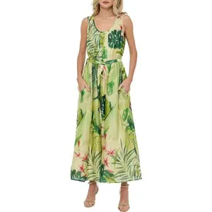 CIEBON Rowena Tie Waist Midi Dress - Citron Multi