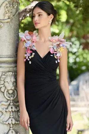 Mac Duggal Sleeveless V-neck Gown With 3d Floral Appliqu