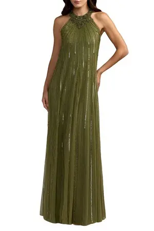 Mac Duggal Embellished Halter Neck Gown - Olive