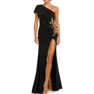 Mac Duggal One Shoulder Jersey Gown With Beaded Floral Appliqué And High Slit