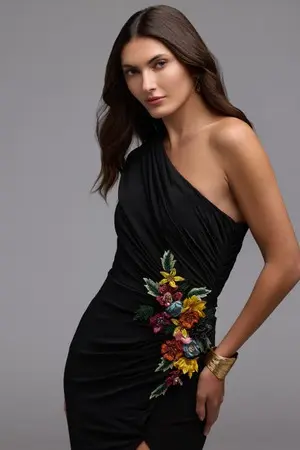 Mac Duggal One Shoulder Jersey Gown With Beaded Floral Appliqué And High Slit