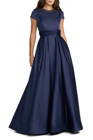 Mac Duggal Embellished Satin Cap Sleeve Gown With Pockets