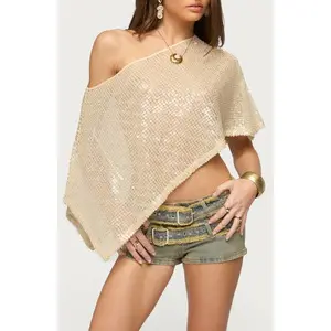 EDIKTED Alanna Sequin Open Stitch Poncho - Gold