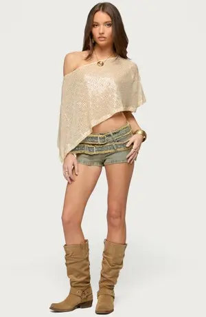 EDIKTED Alanna Sequin Open Stitch Poncho