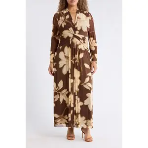 Anne Klein Floral Print Twist Front Long Sleeve Maxi Dress - Molasses Multi