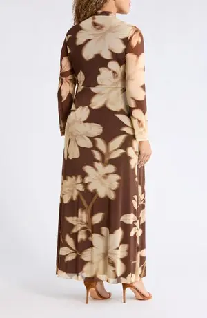Anne Klein Floral Print Twist Front Long Sleeve Maxi Dress