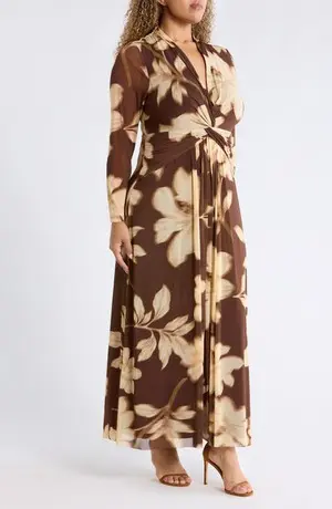Anne Klein Floral Print Twist Front Long Sleeve Maxi Dress