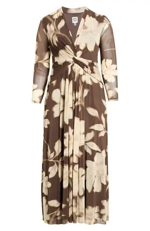 Anne Klein Floral Print Twist Front Long Sleeve Maxi Dress