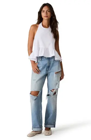 Steve Madden Cerise Stretch Cotton Seersucker Halter Top
