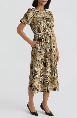KASPER Tropical Print Belted Midi Shirtdress