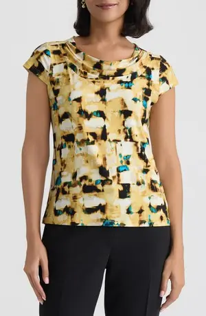 KASPER Abstract Print Cowl Neck Cap Sleeve Top