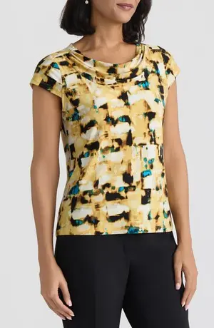 KASPER Abstract Print Cowl Neck Cap Sleeve Top