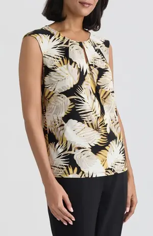 KASPER Sleeveless Palm Print Keyhole Top