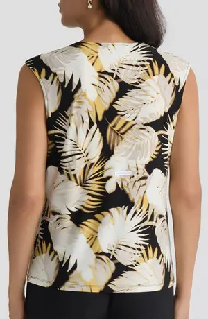 KASPER Sleeveless Palm Print Keyhole Top