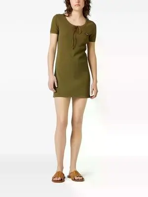 Miu Miu Cotton Waffle Dress With Leather Tie