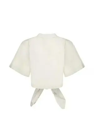 CALA DE LA CRUZ Ecru Slub Texture Band Collar Cropped Blouse