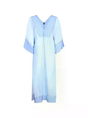 120% Lino Panelled Midi Dress With Faggoting Trim - Blue
