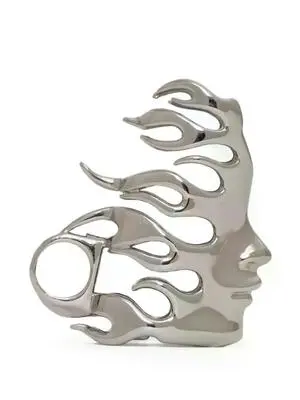 HELLSTAR Tone Sculptural Face Motif Ring With Flame Cut-outs - Silver
