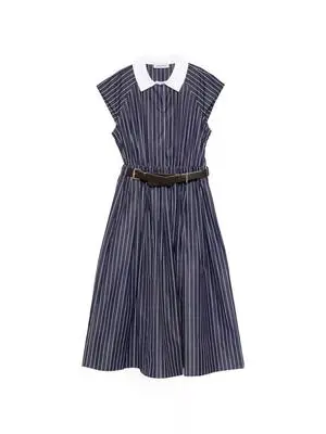 Dice Kayek Navy Cotton Vertical Stripe Sleeveless Belted Midi Dress - Blue