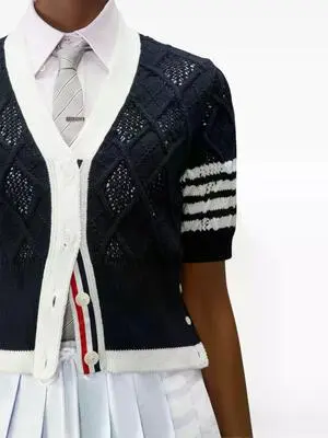 Thom Browne Argyle Pointelle Knit Cardigan - Blue