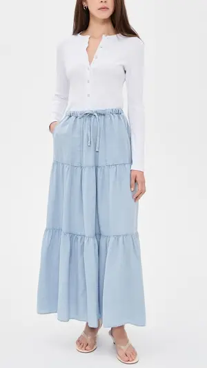 Splendid Tiered Maxi Skirt With Drawstring Waist - Bleached Indigo