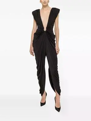 NISSA Ruched Plunge-neck Jumpsuit - Black