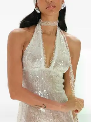 MANURI Sequin-embellished Lace-trim Halterneck Gown
