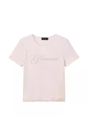 TOUT A COUP Rhinestone-embellished Lace-trim T-shirt - Pink