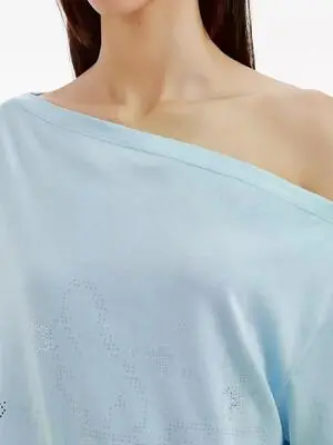 MINI CREAM Rhinestone Embellished Asymmetric Neck Cotton T-shirt
