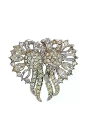 Vintage Crystal-embellished Floral-motif Brooch - Silver