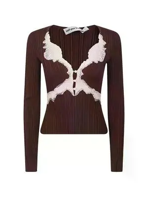 SELF-PORTRAIT Lace-trim V-neck Sweater - Brown
