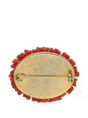Vintage Oval Coral Embellished Brooch - Red